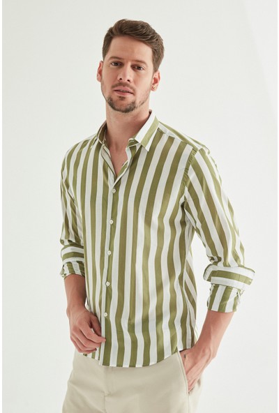 Twn Slim Fit Haki Çizgili Gömlek