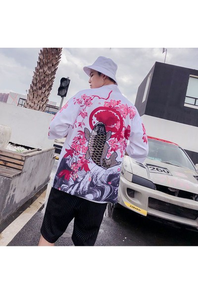 Janae Erkek Kısa Kollu Baskılı Japon Tarzı Gömlek (Yurt Dışından)