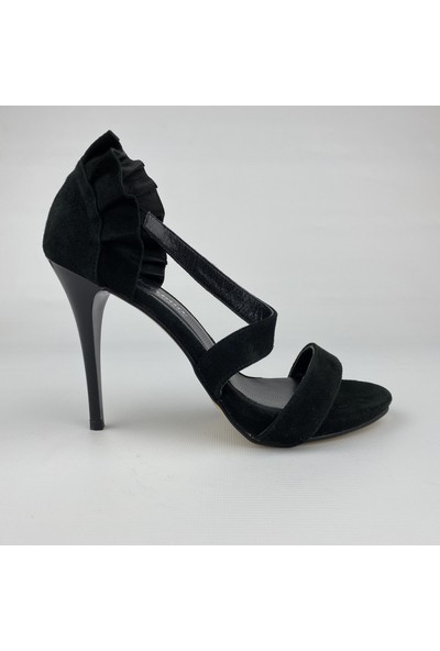 Siyah Lüks Süet Ince Topuk Kadın Abiye Ayakkabı Topuk 11 cm - 40