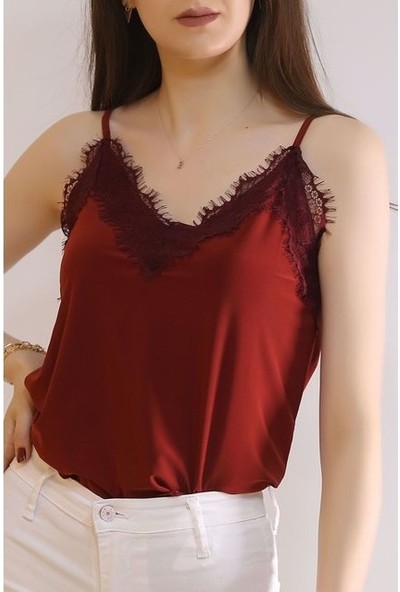 Eka Kadın Bordo Ip Askılı Dantel Detaylı Bluz 0955-5008