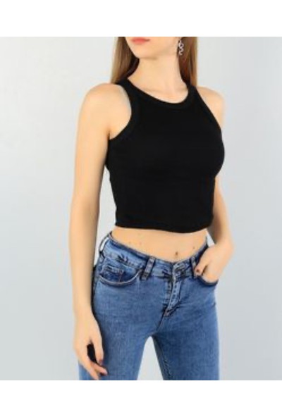 Siyah Kaşkorse Kumaş Crop Bluz 2298