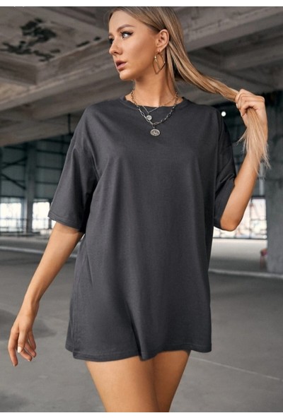 Smyrna Giyim Antrasit Baskısız Kadın Ovesize Tişört Smyrna Giyim Antrasit Baskısız Kadın Ovesize Tişört