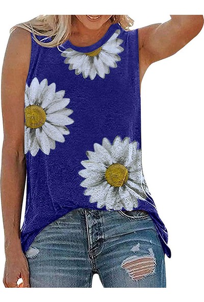 Huhao Papatya Desenli Yuvarlak Yaka Kolsuz T-Shirt Kadın Tişört (Yurt Dışından) Huhao Papatya Desenli Yuvarlak Yaka Kolsuz T-Shirt Kadın Tişört (Yurt Dışından)