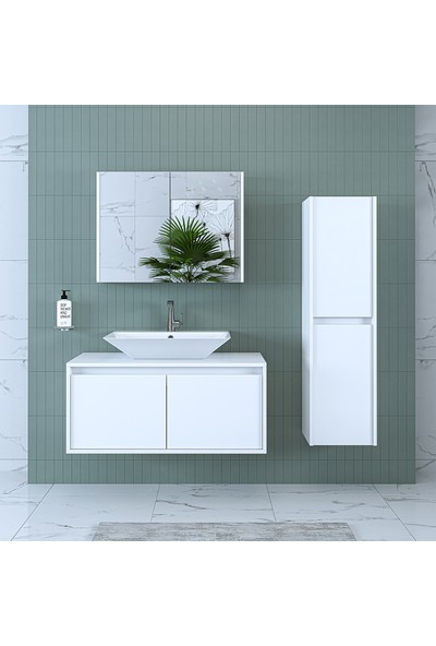 Banos Banyo Lavabolu Mat Beyaz Mdf 100 Cm Banyo Dolabı + Aynalı Banyo Üst Dolabı + Banyo Boy Dolabı Banos Banyo Lavabolu Mat Beyaz Mdf 100 Cm Banyo Dolabı + Aynalı Banyo Üst Dolabı + Banyo Boy Dolabı