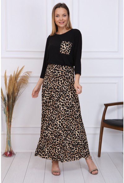 Gül Moda Leopar Daire Uzun Etek Beli Lastikli Kahverengi G029