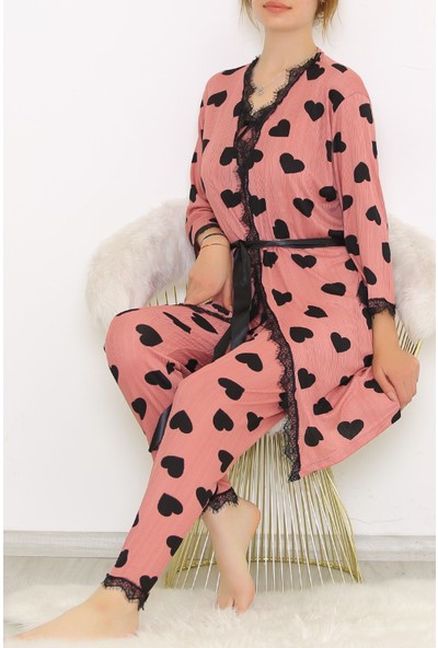 Karazona Kadın Ip Askılı Sabahlık 3lü Pijama Takım Pudrasiyah KZ2-10468