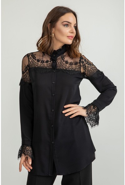 Jesica Kumaş Fırfırlı Yaka Omuzları Kolları Dantelli Kadın Tunik
