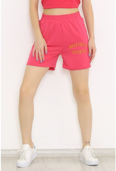Karazona Kadın Nakışlı Beli Lastikli Şort Fuşya KZ2-10594