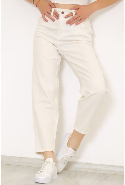Karazona Kadın Mom Kot Pantolon Ekru KZ2-10544
