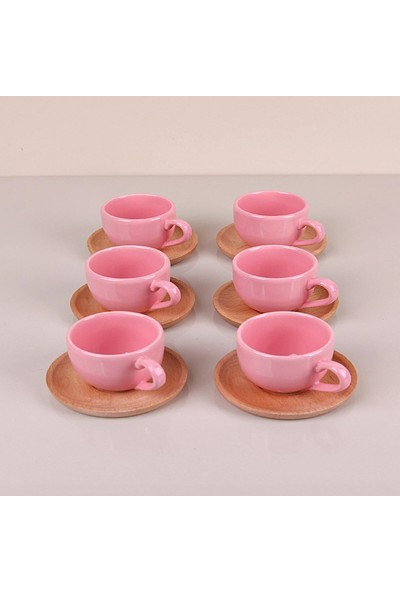 Bambu Tabaklı Pembe Kahve Fincanı Seti 6'lı Bambu Tabaklı Pembe Kahve Fincanı Seti 6'lı