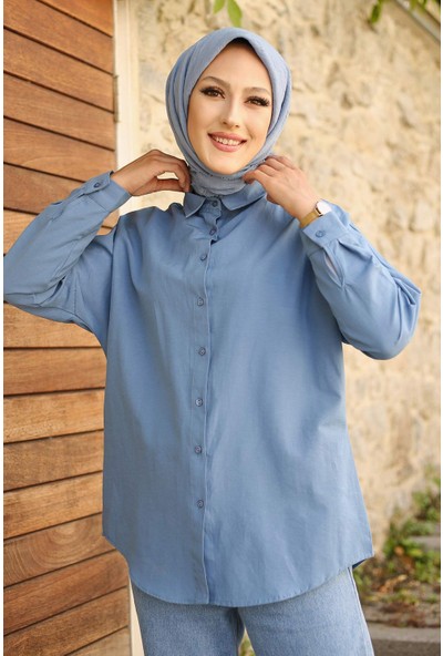 İmaj Butik Düğmeli Düz Gömlek/indigo