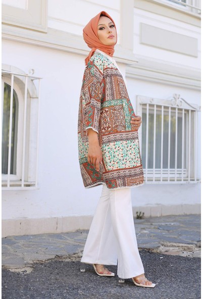 İmaj Butik Etnik Desenli Salaş Kol Kimono/taba