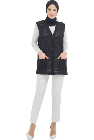 Kalite Hanem Düğmeli Siyah Merserize Yelek