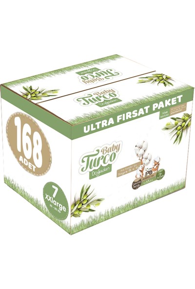 Baby Turco Bebek Bezi Doğadan Beden:7 20-30 kg Xxlarge Ultra Fırsat Paket 168'li Baby Turco Bebek Bezi Doğadan Beden:7 20-30 kg Xxlarge Ultra Fırsat Paket 168'li