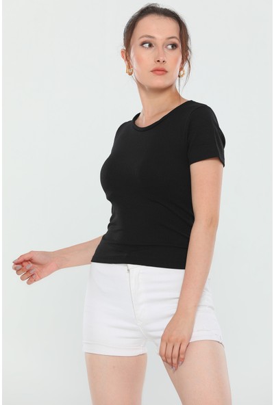 Siyah Kadın Likralı Bisiklet Yaka Sırt Bağlamalı Dekolteli Fitilli Bluz P-040475