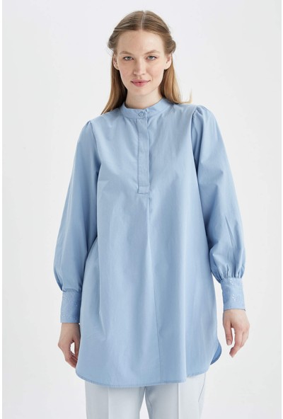 DeFacto Regular Fit Yakadan Bağlama Detaylı Uzun Kollu Poplin TUNIK X4454AZ22SM