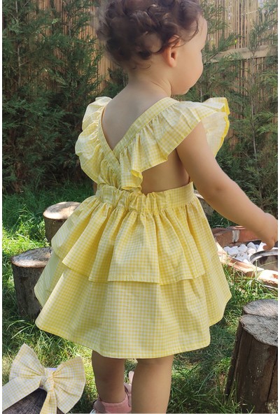 Kız Çocuk Pötikare Fırfırlı Sarı Elbise Bandana Takım