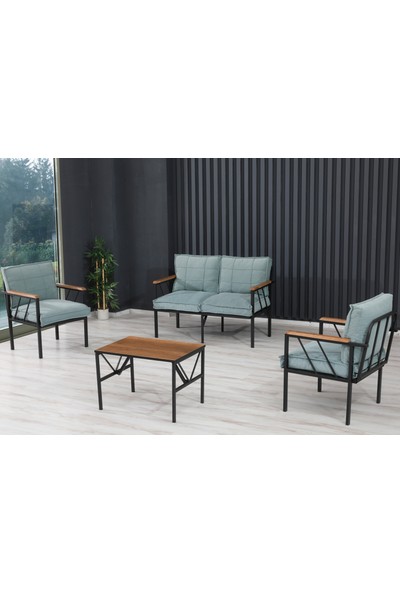 Ufuk Home Bahçe Mobilyası 2 1 1 Miray Bahçe Takımı Metal Sehpalı Yeşil Balkon Takımı
