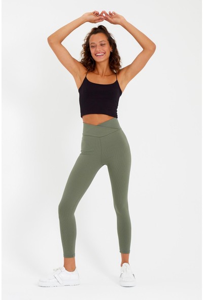 Kadın Toparlayıcı Çapraz Detaylı Yüksek Bel Düz Renk Ince Fitilli Tayt