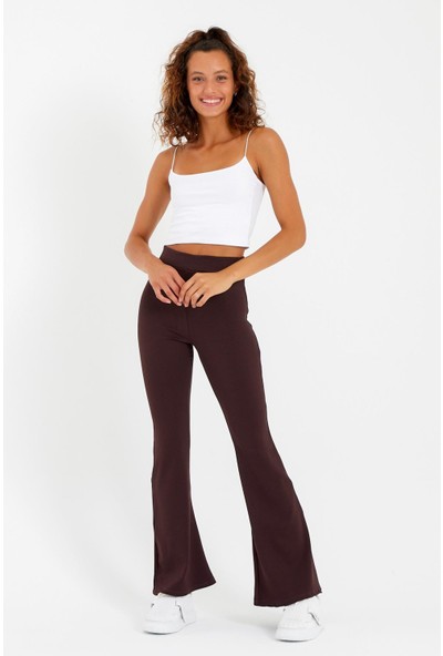 Kadın Toparlayıcı Ispanyol Paça Yüksek Bel Düz Renk Ince Fitilli Tayt