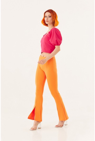 Yüksek Bel Önden Yırtmaçlı Fitilli Tayt