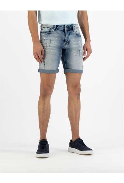 Likralı Boyalı Jean Şort Mavi Likralı Boyalı Jean Şort Mavi