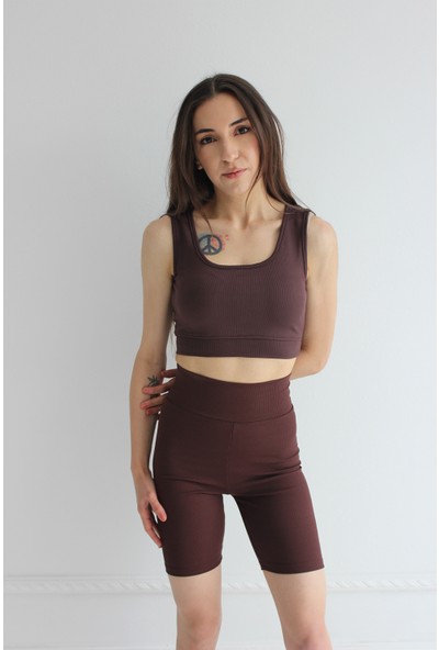 Kahverengi Fitilli Yüksek Bel Toparlayıcı Kısa Spor Örme Tayt Kahverengi Fitilli Yüksek Bel Toparlayıcı Kısa Spor Örme Tayt