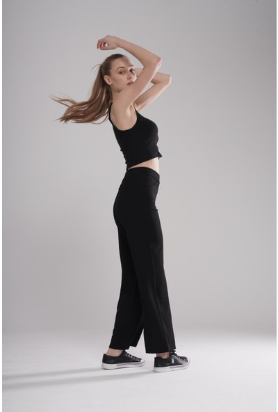 Mdz Collectıon Geniş Paça Fitilli Bel Lastikli Siyah Pantalon