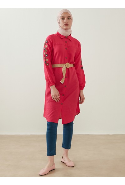 Kolları El Işleme Nakışlı Hasır Kemerli Tunik - Fuşya - Por La Cara