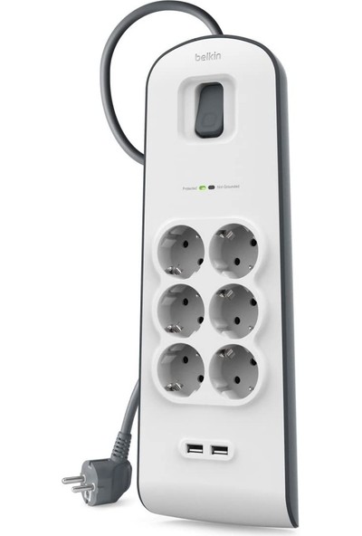 Belkin Akım Korumalı Uzatma Priz 6lı , 2m , 2X2.4A USB Girişi