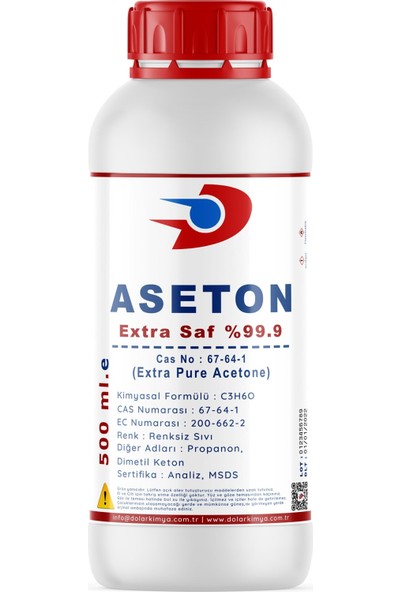 Dolar Kimya Saf Aseton (% 99.9) | Oje Temizleyici | Extra Pure | 500 ml Dolar Kimya Saf Aseton (% 99.9) | Oje Temizleyici | Extra Pure | 500 ml