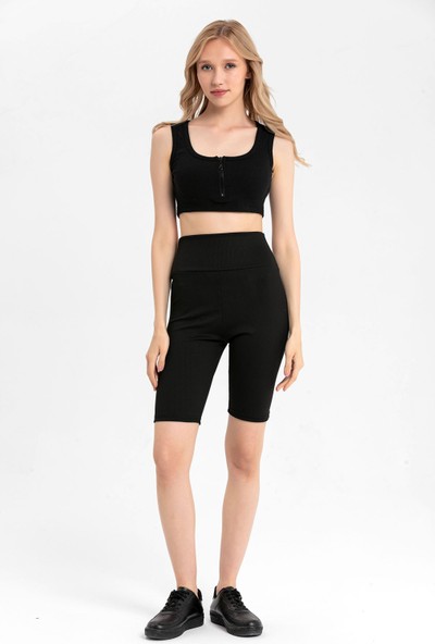 Kadın Siyah Yüksek Bel Fitilli Şort Tayt Kadın Siyah Yüksek Bel Fitilli Şort Tayt