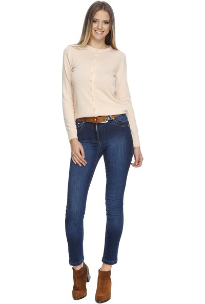 Ekol Kemerli Neon Lacivert Kadın Denim Pantolon