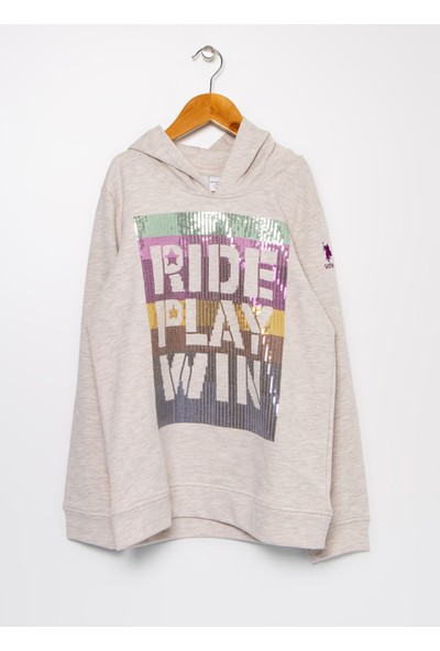 U.s. Polo Assn. Kapüşonlu Baskılı Bej Melanj Kız Çocuk Sweatshirt