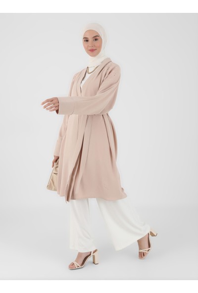 Refka Nakış Detaylı Kuşaklı Kimono - Bej - Refka Woman