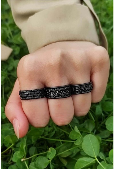 The Collection Unisex Siyah Kaplama Ayarlanabilir Yüzük Set