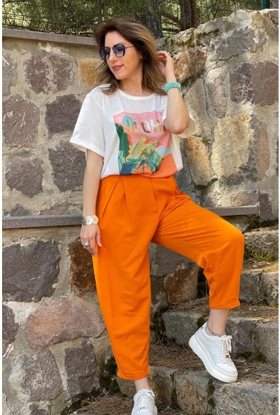 Turuncu Müslin Beli Lastikli Pantolon
