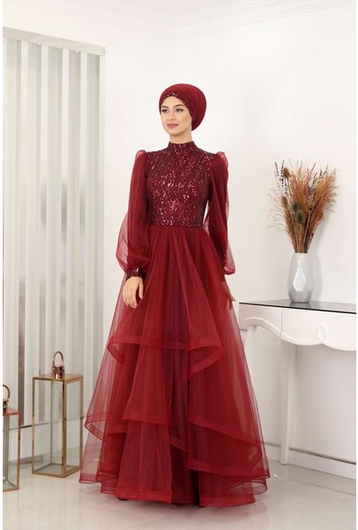 Surikka Su Pul Payetli Gizli Fermuarlı Katlı Etekli Tesettür Abiye Surikka Su Pul Payetli Gizli Fermuarlı Katlı Etekli Tesettür Abiye