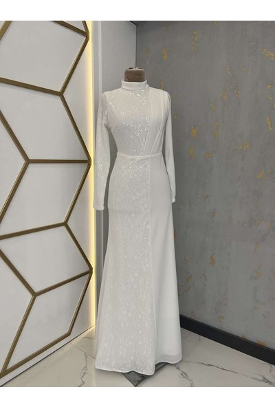 Surikka Mera Pul Payetli Drapeli Gizli Fermuarlı Hakim Yaka Tesettür Abiye