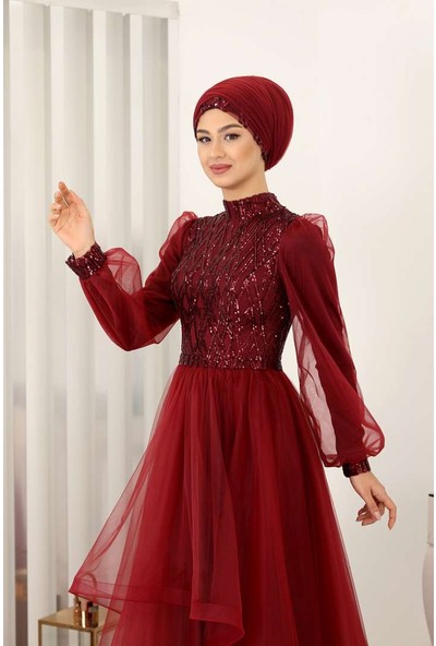 Surikka Su Pul Payetli Gizli Fermuarlı Katlı Etekli Tesettür Abiye Surikka Su Pul Payetli Gizli Fermuarlı Katlı Etekli Tesettür Abiye