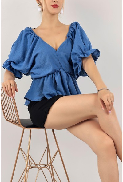 Enough Indigo Fırfırlı Beli Lastikli Keten Bluz Enough Indigo Fırfırlı Beli Lastikli Keten Bluz