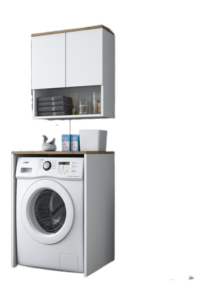 Rani Çamaşır Makinesi Dolabı 2 Raflı Kapaklı Banyo Dolabı Beyaz Sepet Ceviz Rani Çamaşır Makinesi Dolabı 2 Raflı Kapaklı Banyo Dolabı Beyaz Sepet Ceviz