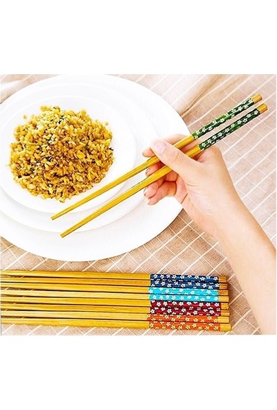 Kitchen Beauty 10 Çift Bambu Chopstick Ahşap Desenli Çin Çubuğu Yıkanabilir ve Kullanılabilir