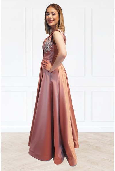 Abiyelife Tuana Kolsuz Abiye Saten Kumaş 4005 Taba