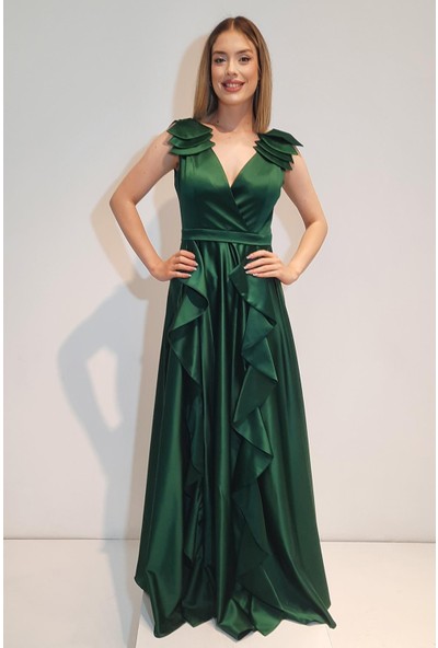 Abiyelife Tuana Abiye Kolsuz Saten Kumaş 8435 Zümrüt Yeşil