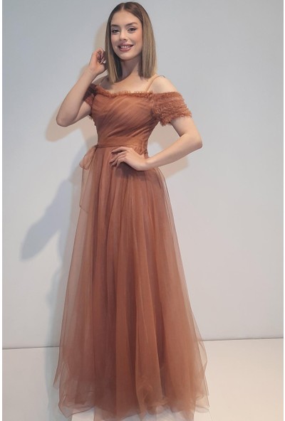 Abiyelife Tuana Abiye Kolsuz Tül Kumaş 8415 Taba