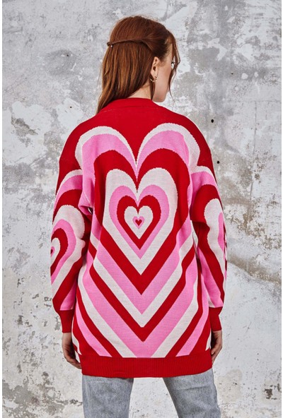 Kalp Desenli Düğmeli Uzun Hırka - Pembe