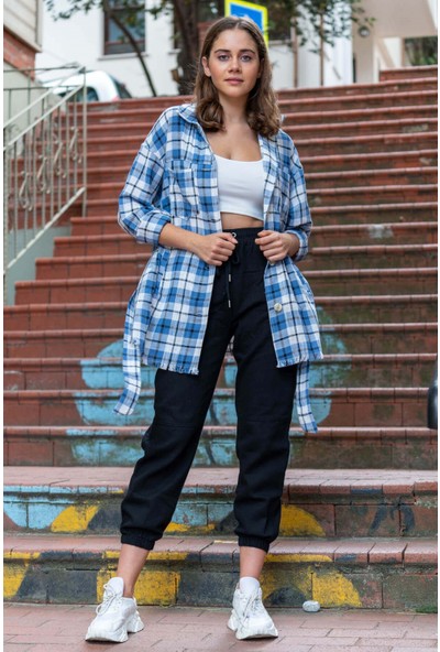 Ekose Desenli Kuşak Detaylı Gömlek - Mavi