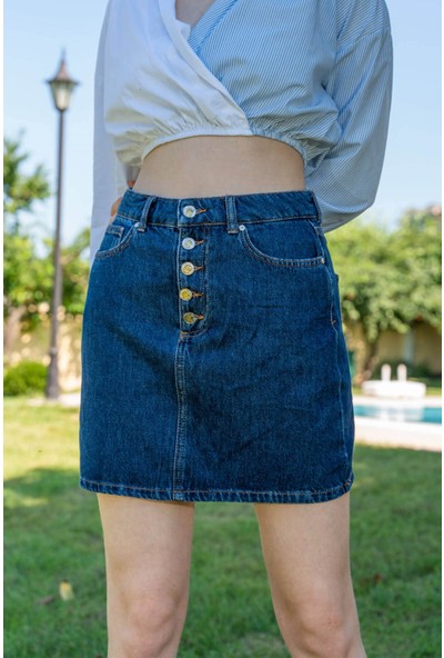 Düğmeli Mini Jean Etek - Lacivert