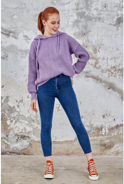 Örme Kumaş Detaylı Kapüşonlu Sweatshirt - Lila